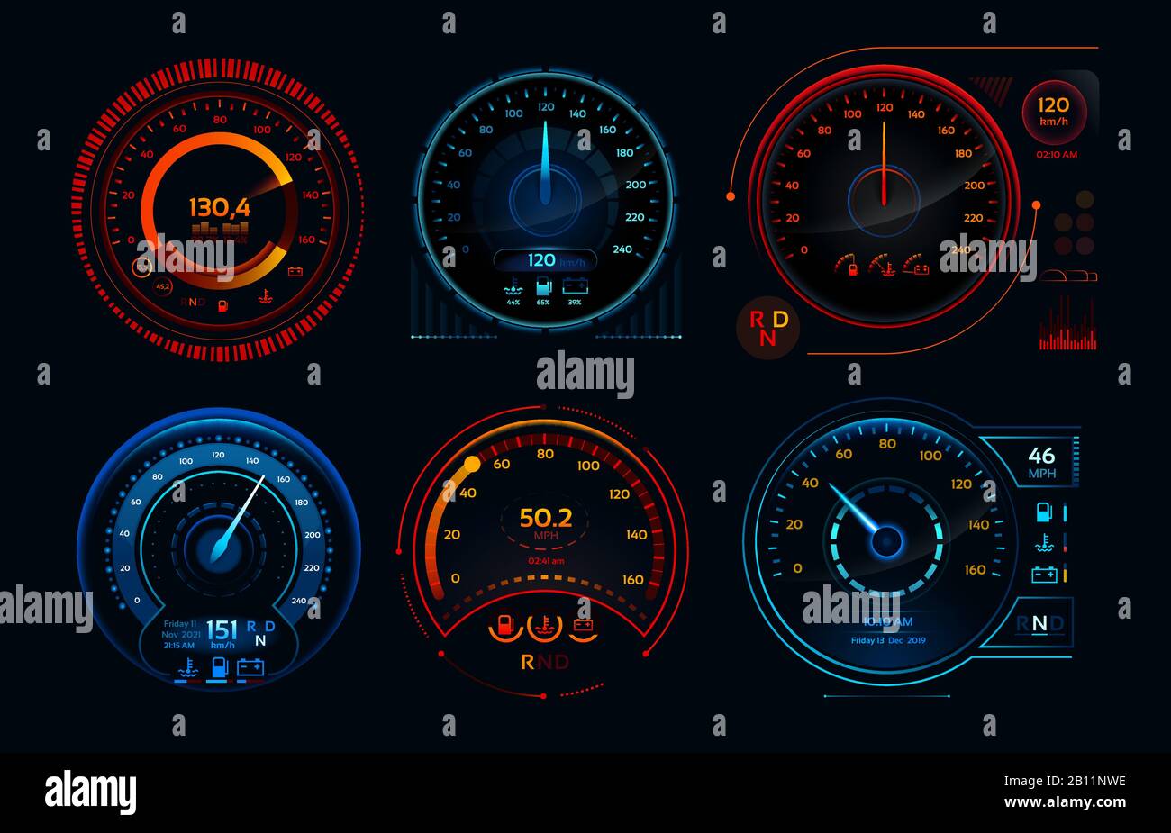 Futuristic car speedometer. Speed hud kilometer performance indicators dashboard, gas and fuel ...