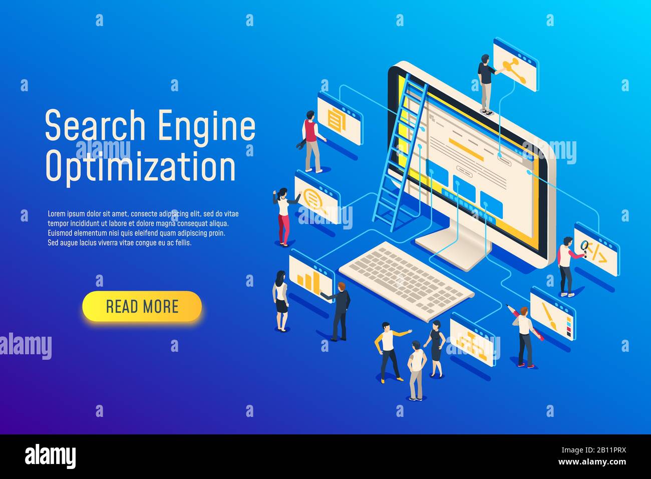 Isometric seo optimization. Website team computer optimizing. 3d seo web site optimize vector ...
