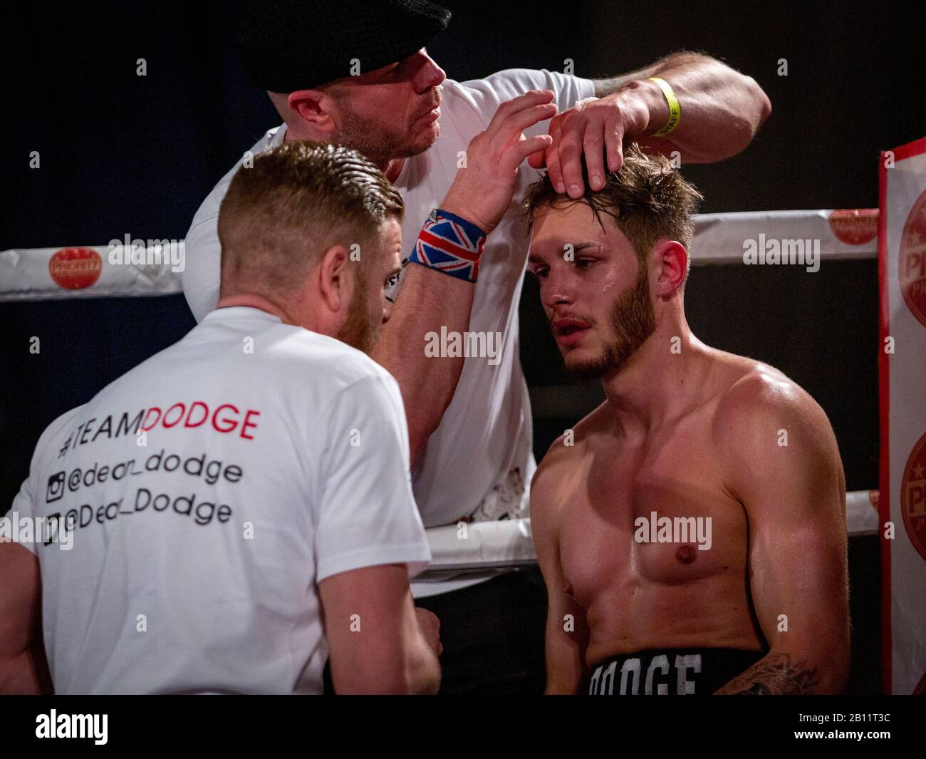 TAUNTON, UNITED KINGDOM. 21 Feb 2020. Yeovil boxer Dean Dodge (black ...