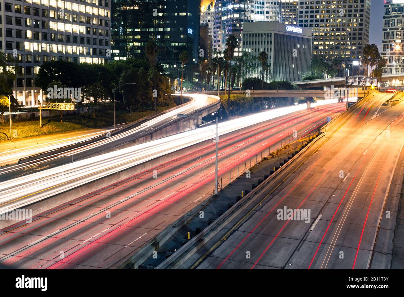 Highway in downtown Los Angeles at night, California, USA Stock Photo ...