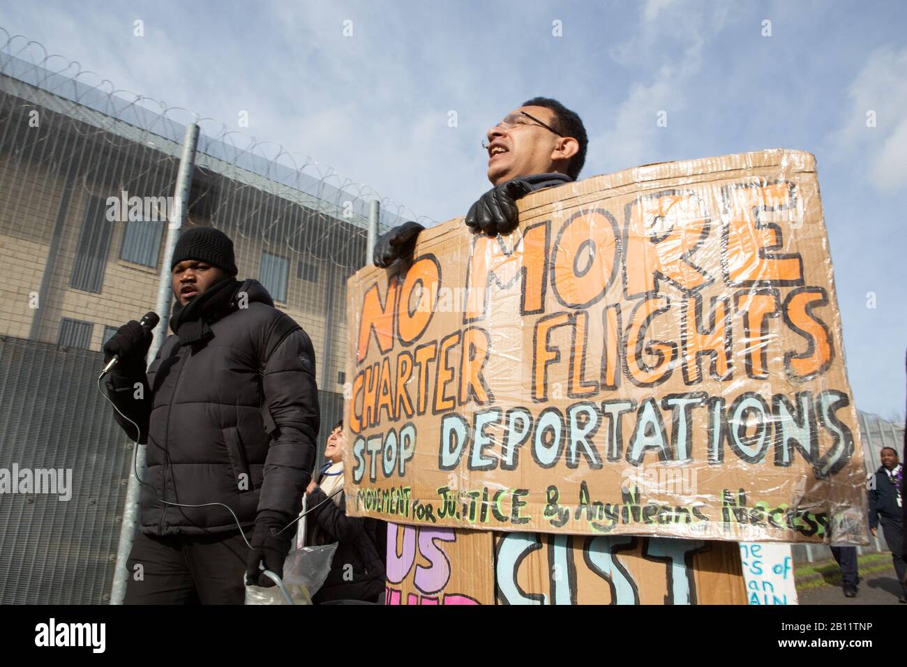 London, UK. 22nd Feb 2020. Campaigners demonstrate out side Colnbrook ...