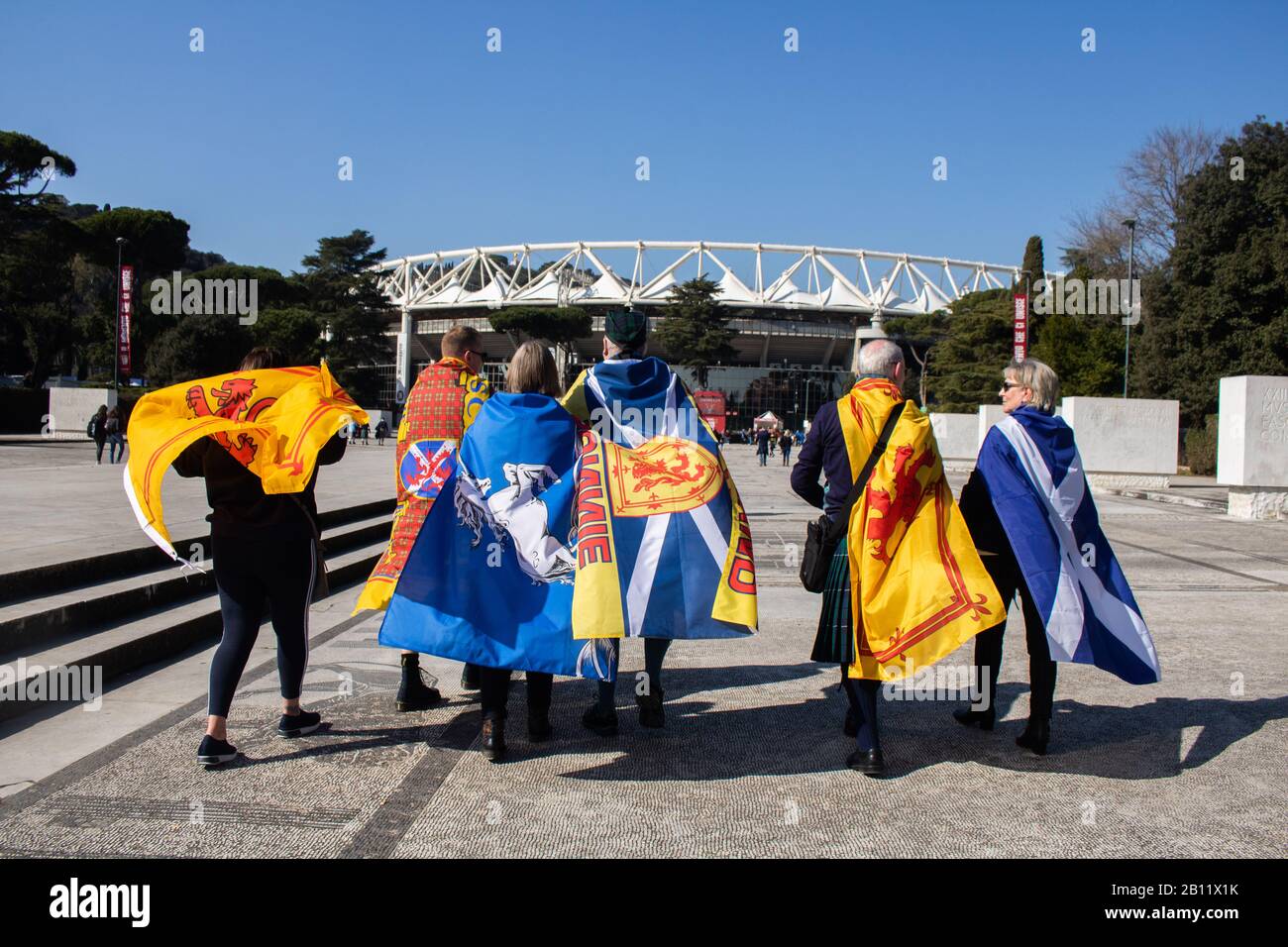 Rome, Italy. 22 February 2020: Scottish rugby supporters draped in ...
