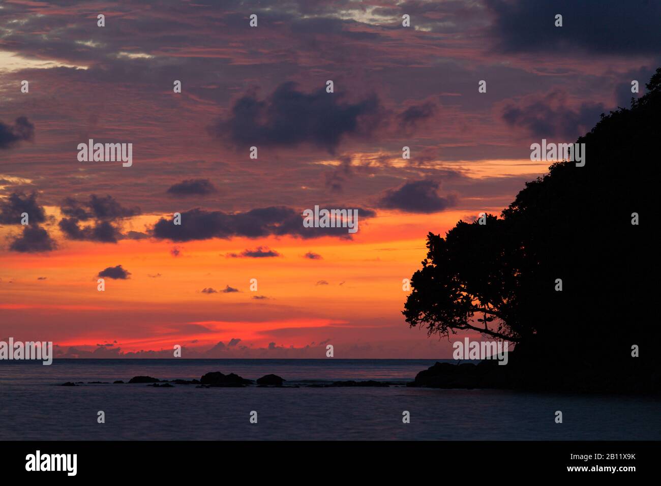 Vivid sunset sky waterscape and silhouette forest island background ...