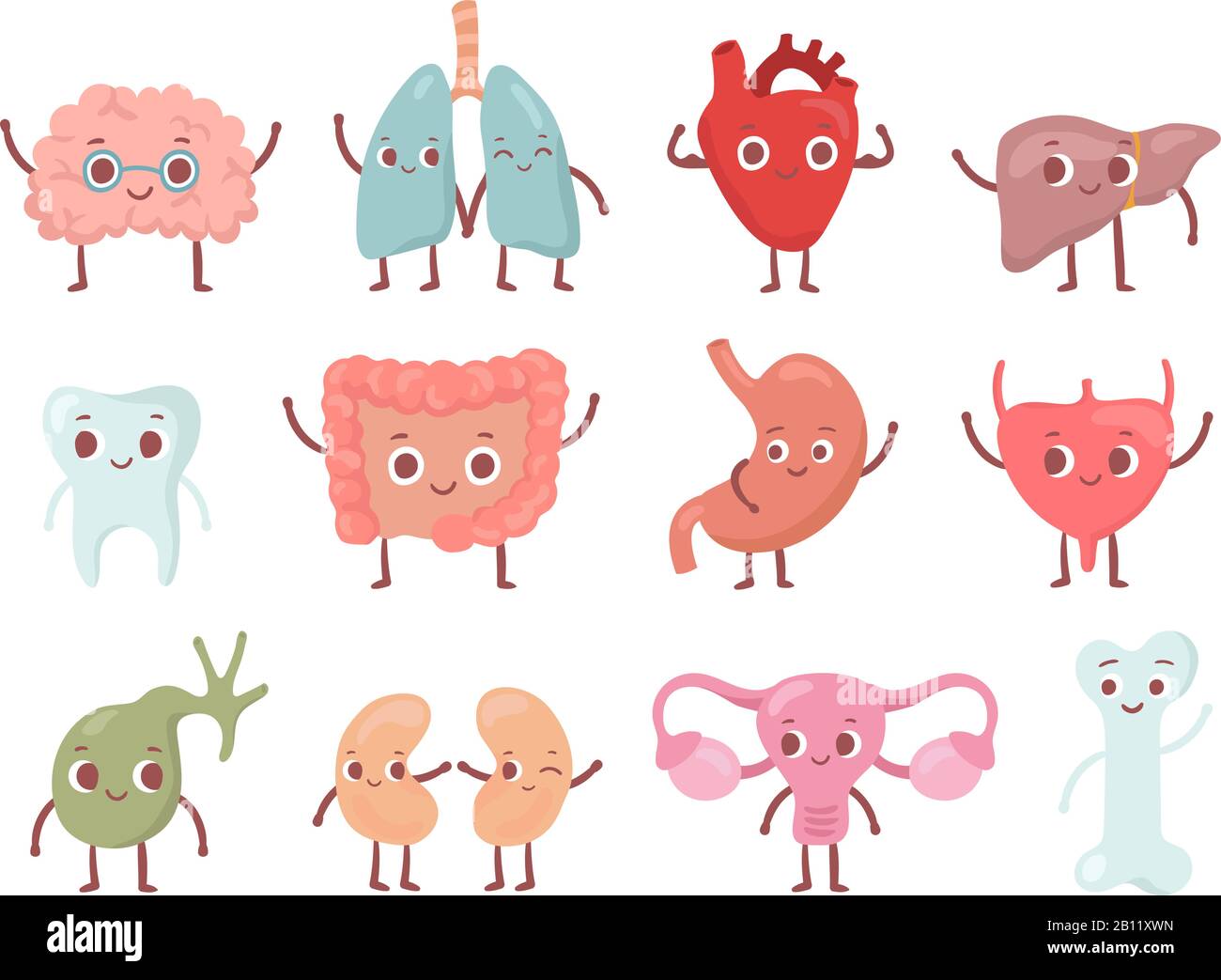 Healthy biological organ. Smiling lung, happy heart and funny brain. Smile organs cartoon ...