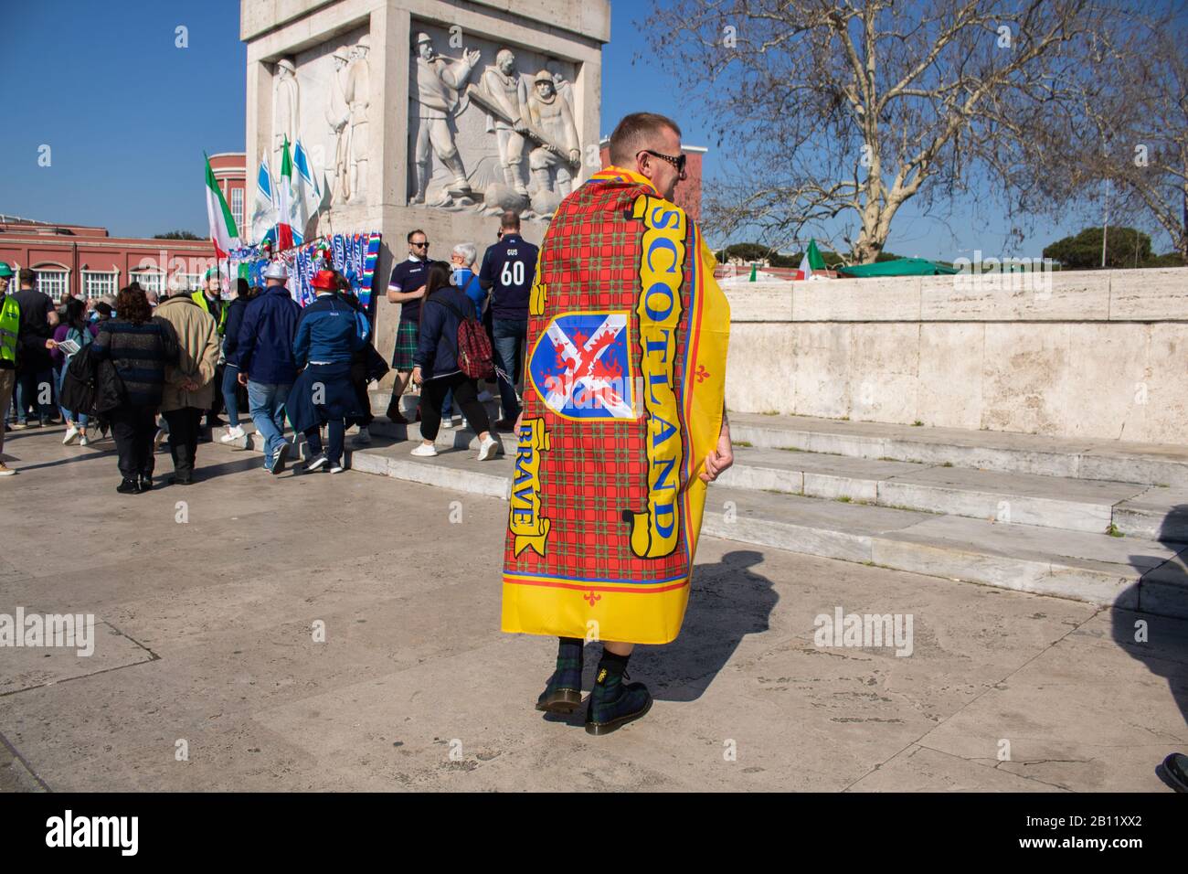 Rome, Italy. 22 February 2020: Scottish rugby supporters draped in ...