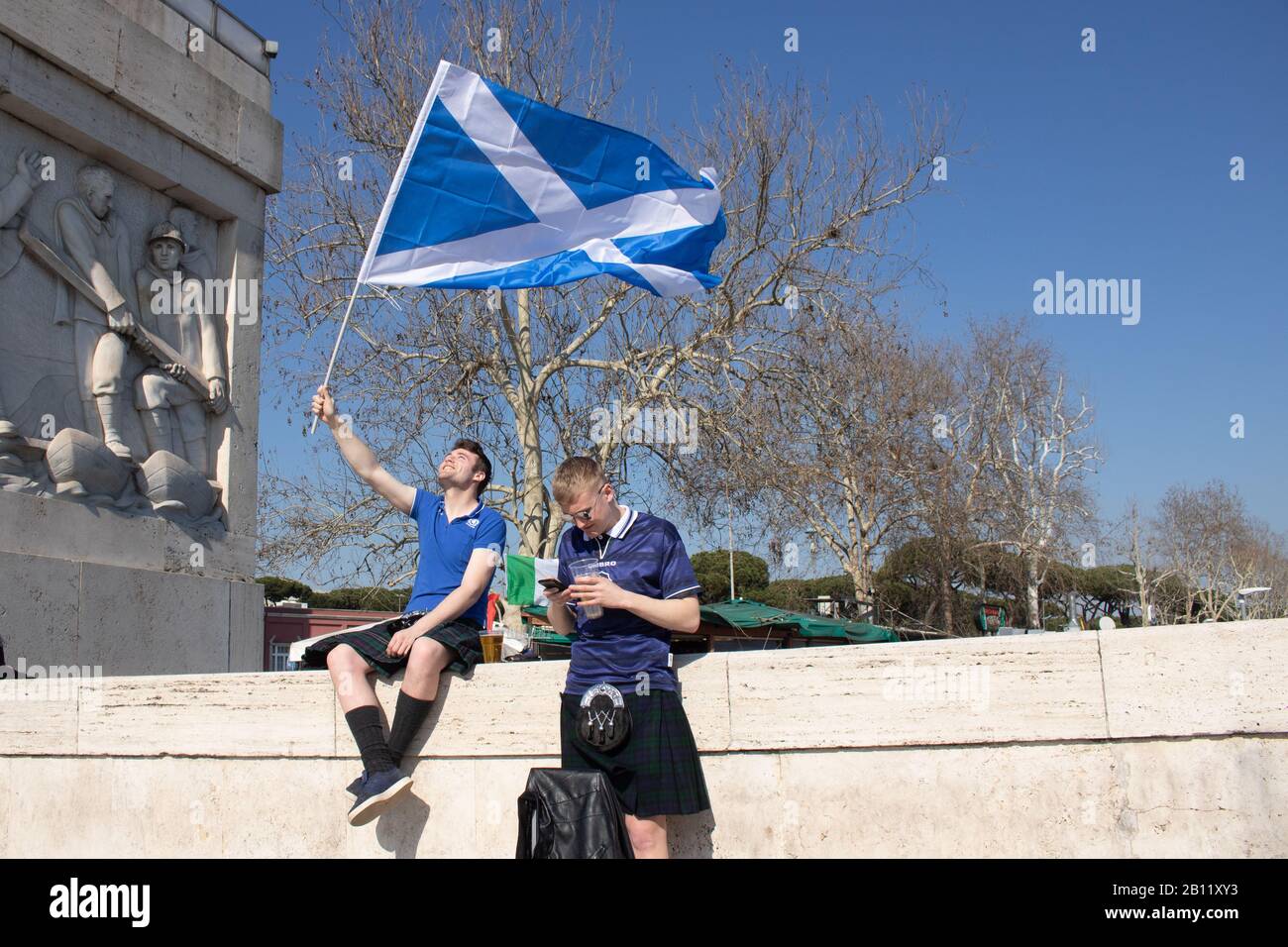 Rome, Italy. 22 February 2020: A Scottish rugby supporter waves the ...