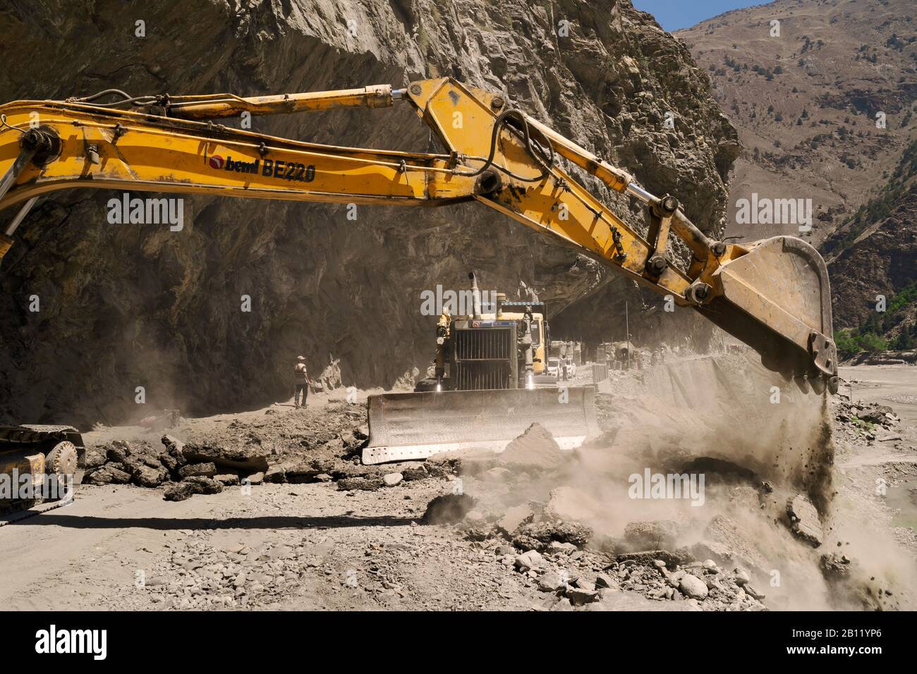 Construction and repair of main highway using heavy machinery between ...