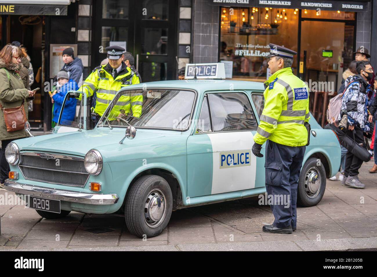 London, January 26, 2020. Policemans standing by his police car.Police ...