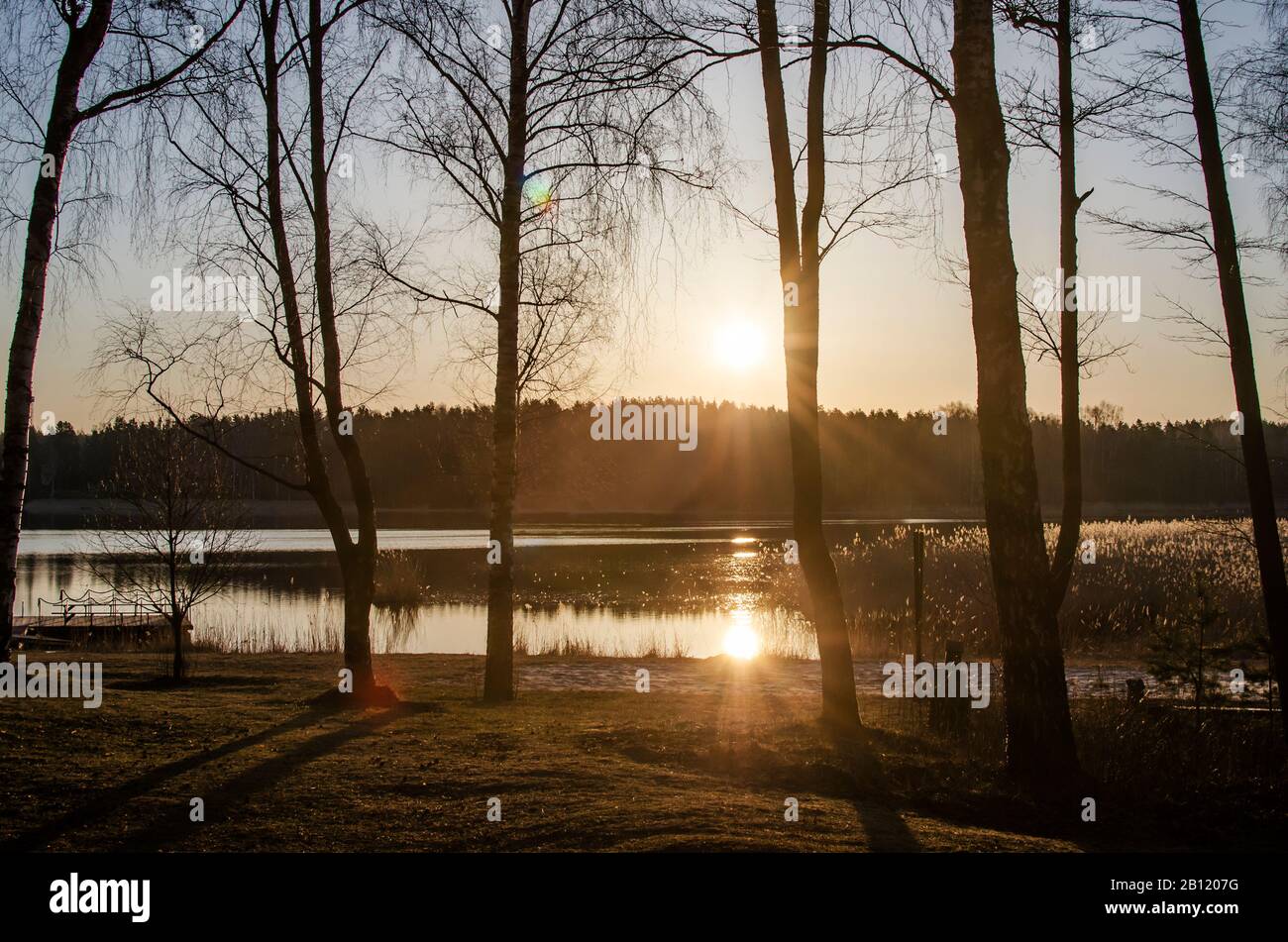 Sunrise on the lake in spring. Forest silhouettes and the rays of the ...