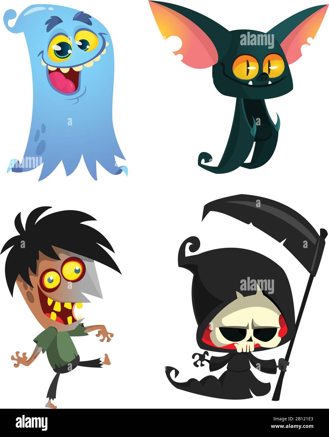 Cartoon Halloween set of cute and funny monsters. Vector illustration ...