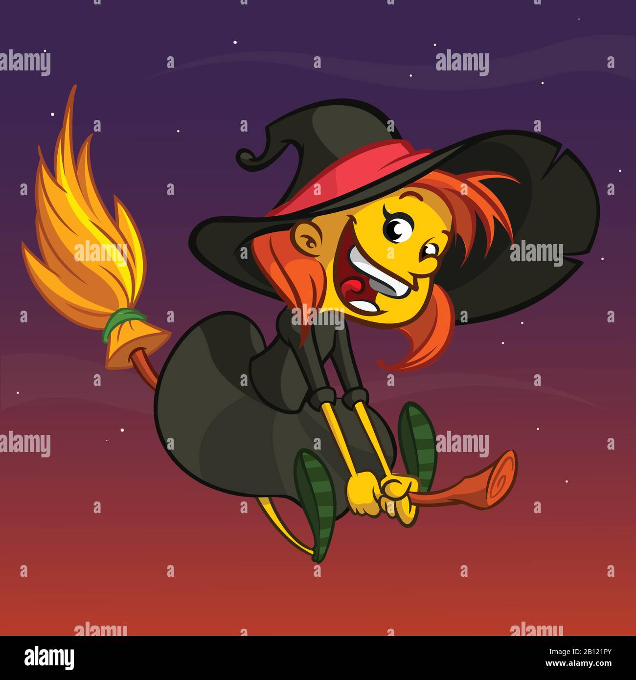 Cartoon witch flying on her broom. Vector clip art illustration Stock ...