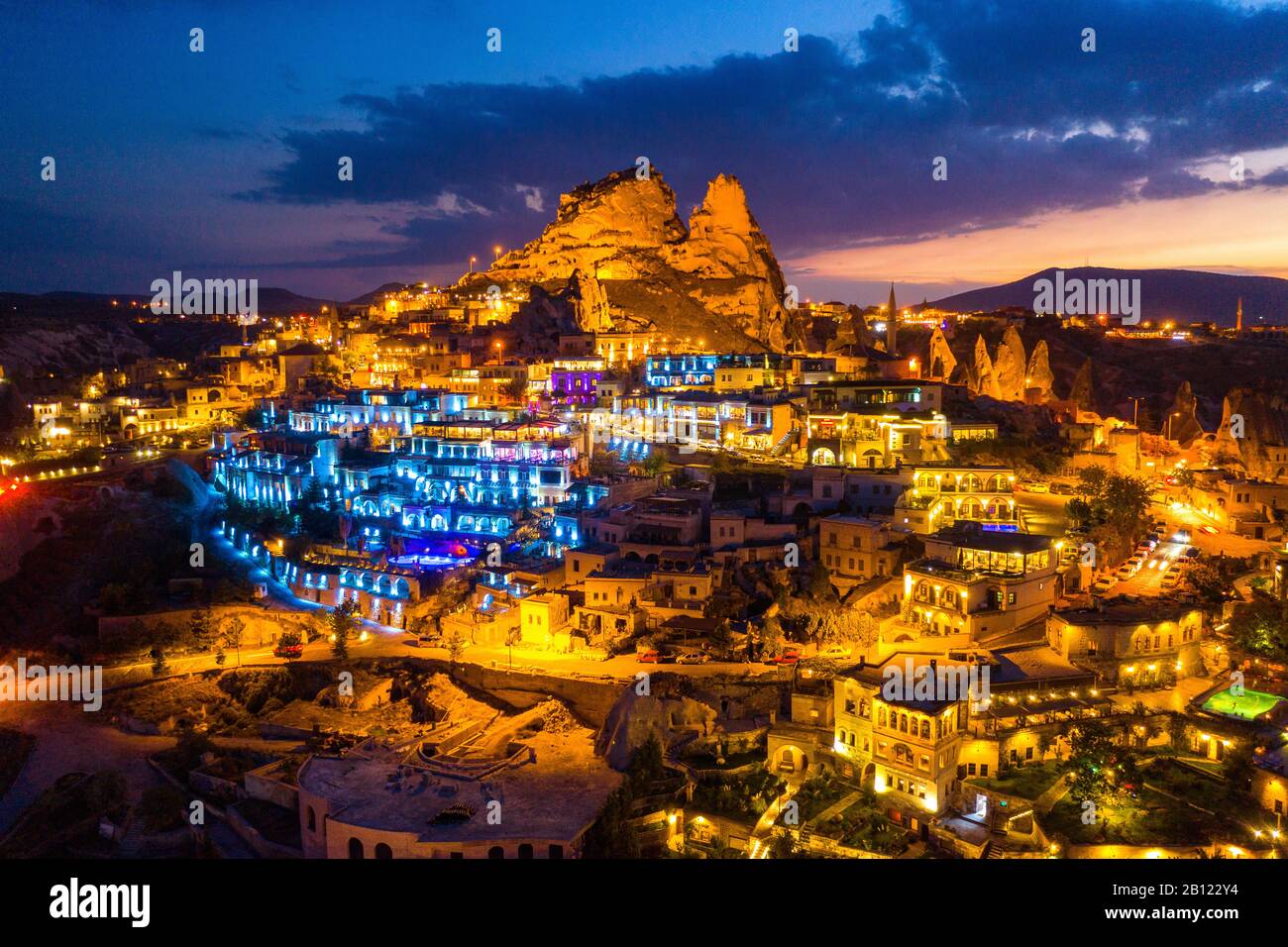Aerial view of Uchisar Castle at night in Cappadocia, Turkey Stock ...