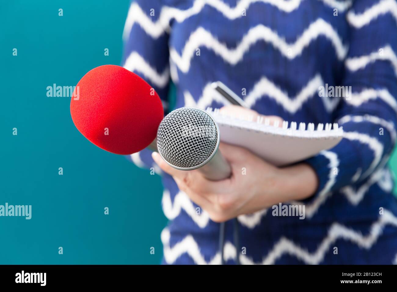 Female reporter or journalist at news conference, holding microphone ...