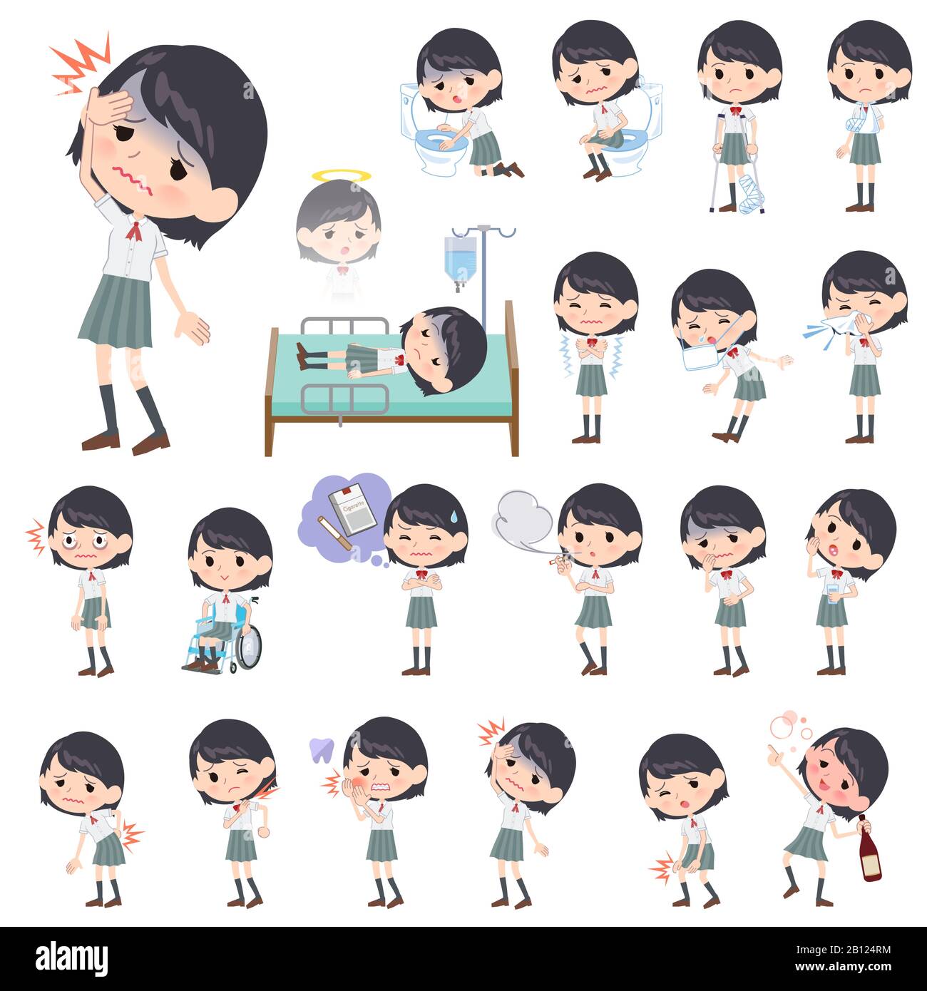 A set of Short sleeve school girl with injury and illness.There are ...