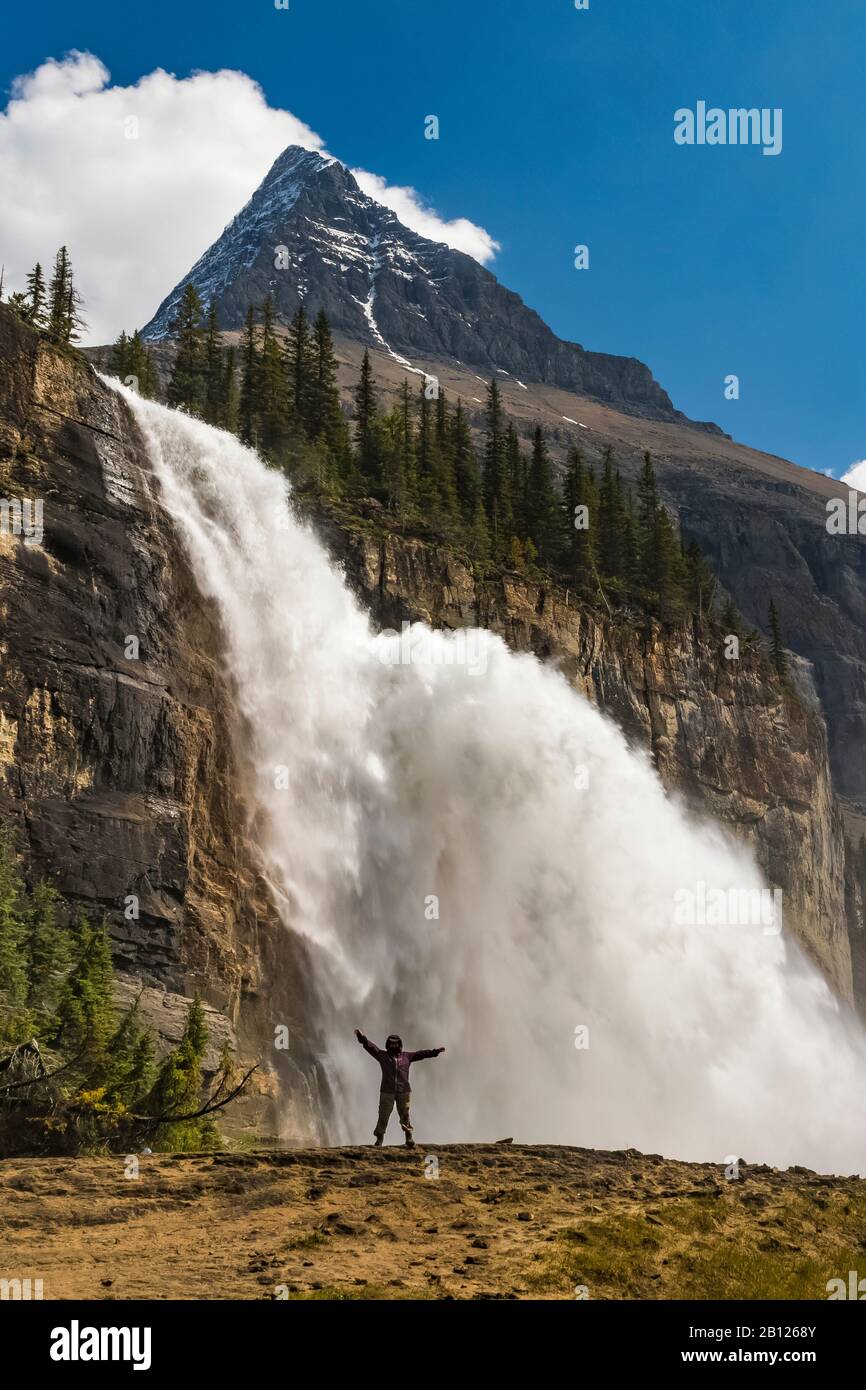 Hiker in front of Emperor Falls along the Robson River in Mount Robson ...