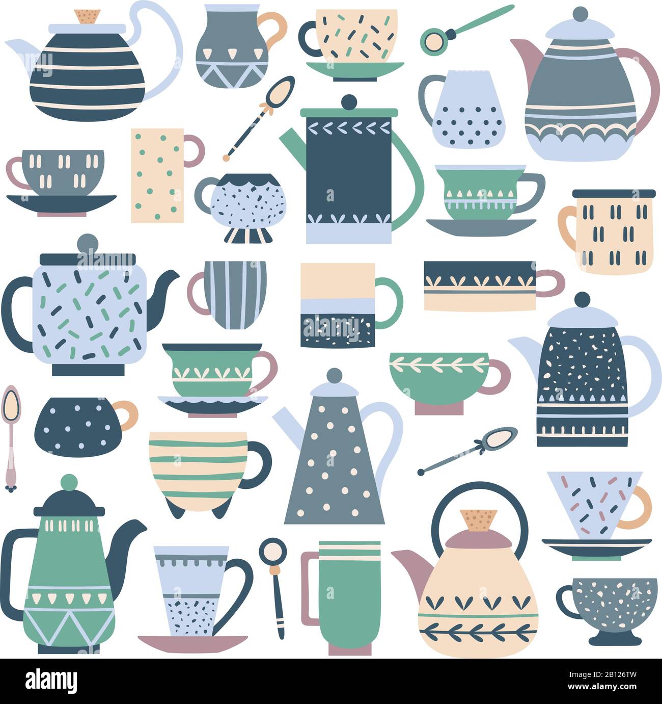 Ceramic kitchen teacup. Porcelain tea service, china teapot and plate ...