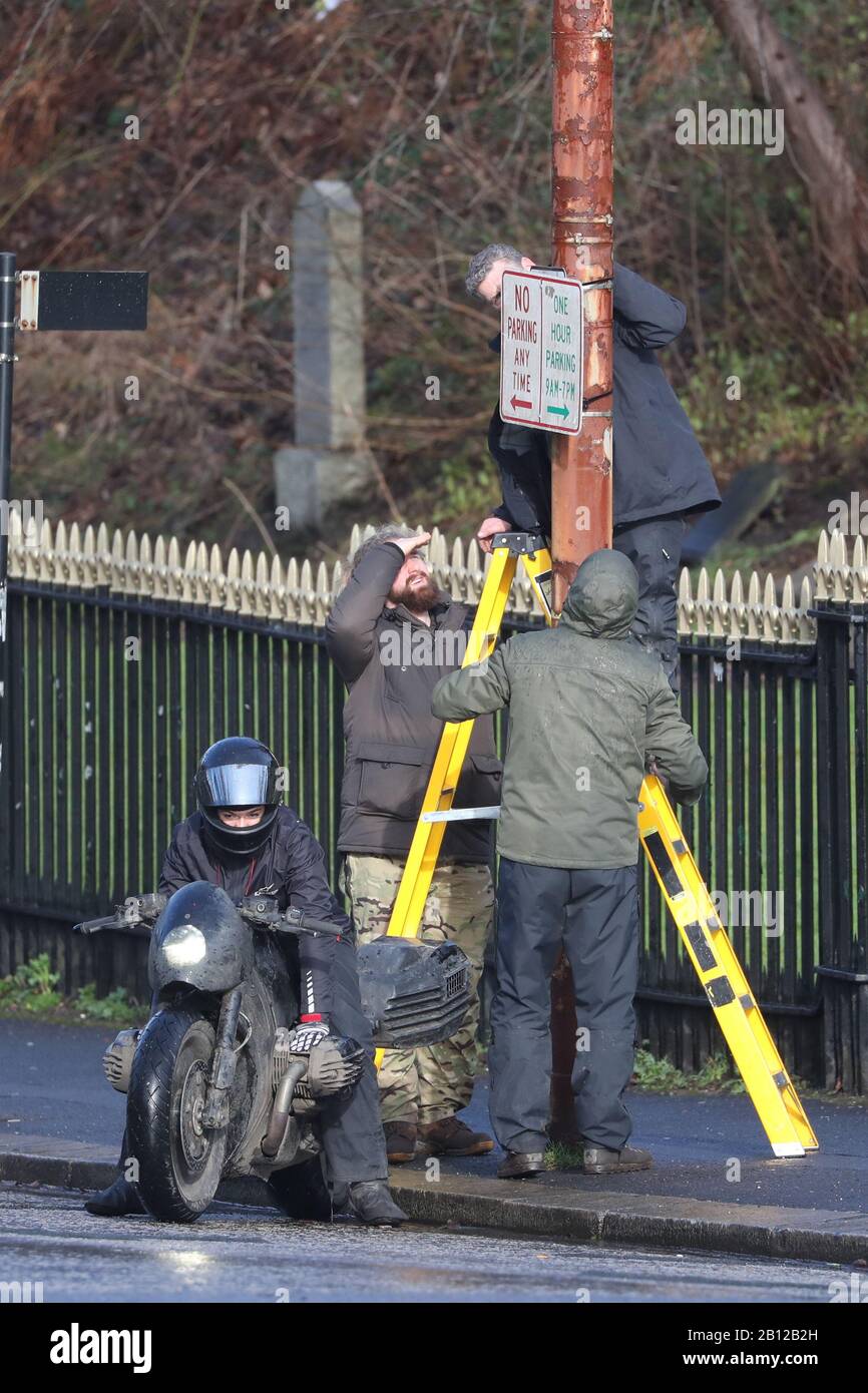 American street signs are fitted on a post as filming continues in ...