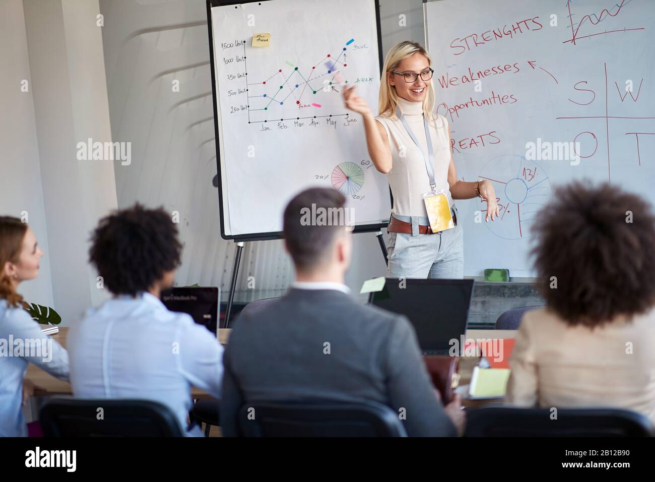 cheerful young blonde female explaining SWOT analyses at business ...