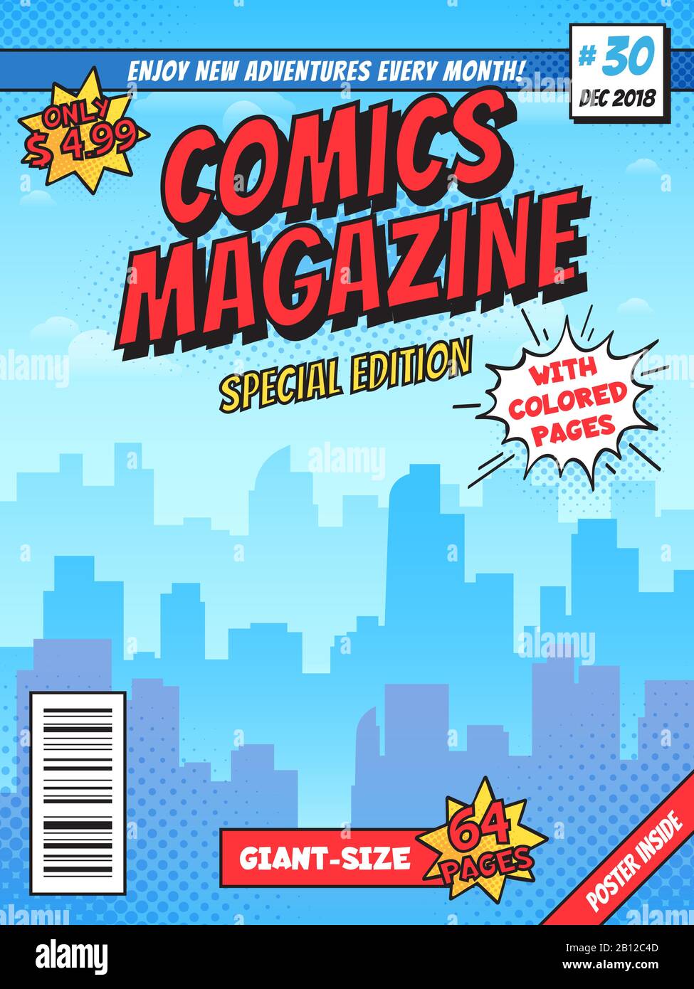 Comic book cover page. City superhero empty comics magazine covers layout, town buildings and ...