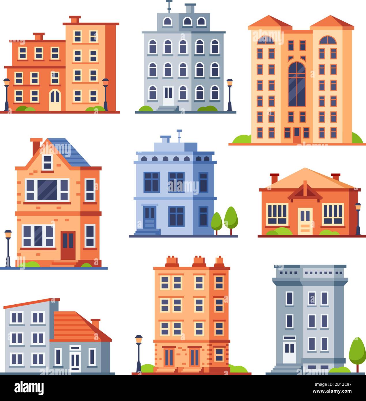 Living house buildings. Cottage houses exterior, condominium apartment ...