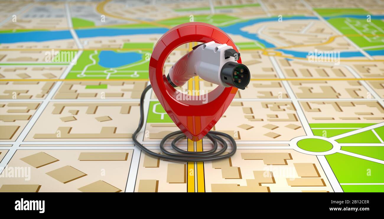 Electric car charging point location. Car charger power plug with pin ...