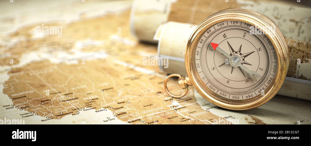 Compass on vintage old map. Travel geography navigation and adventure ...