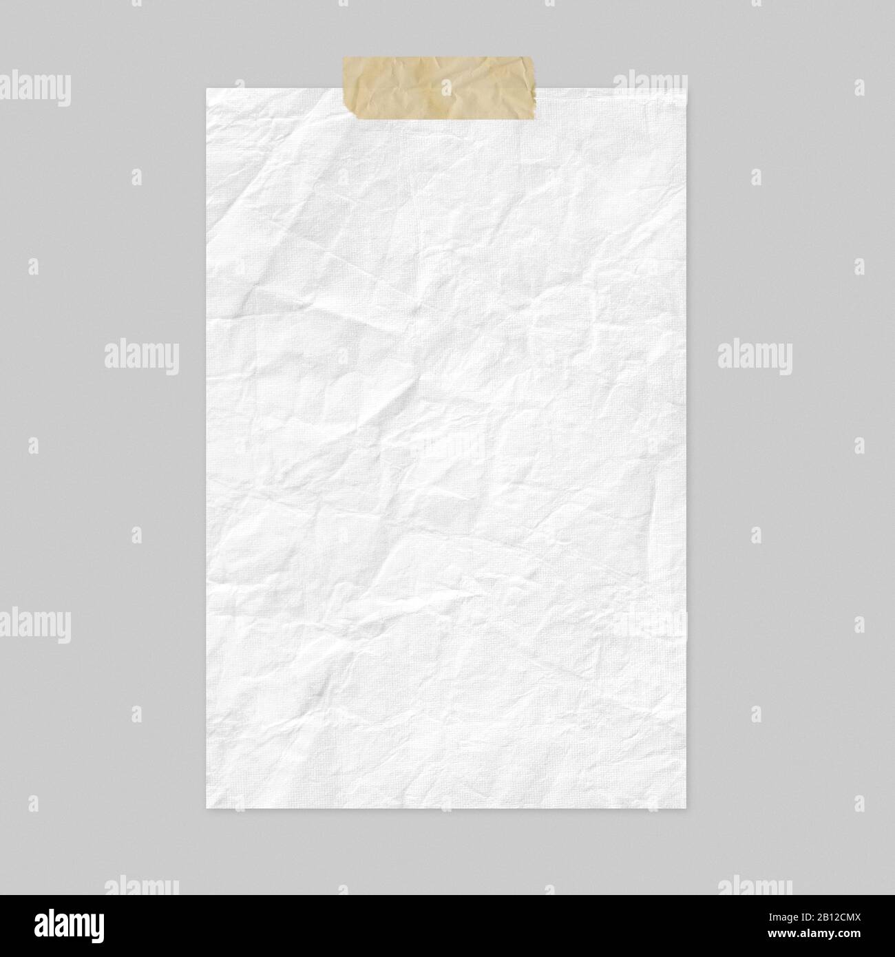 White crumpled paper sheet on light gray background, front view A4 ...