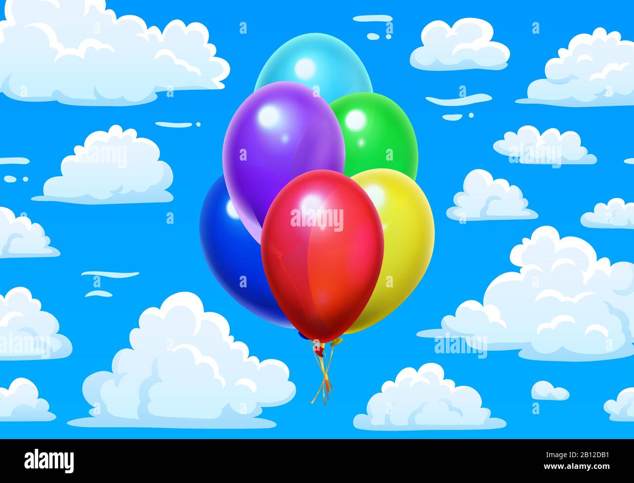 Bunch balloons in clouds. Cartoon blue cloudy sky and colorful 3d ...