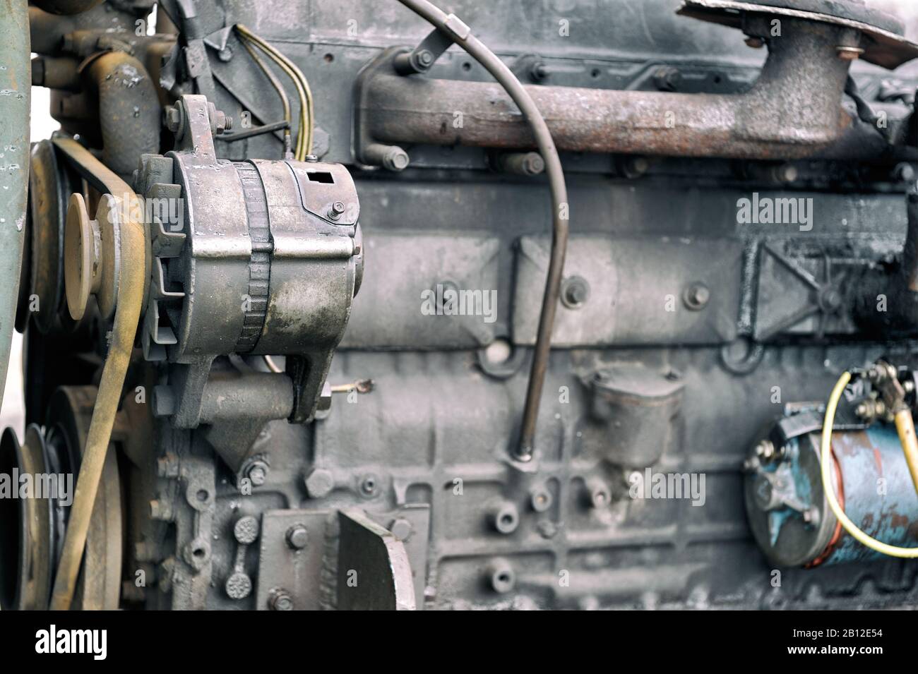 Details of ancient truck engine with generator in foreground Stock ...