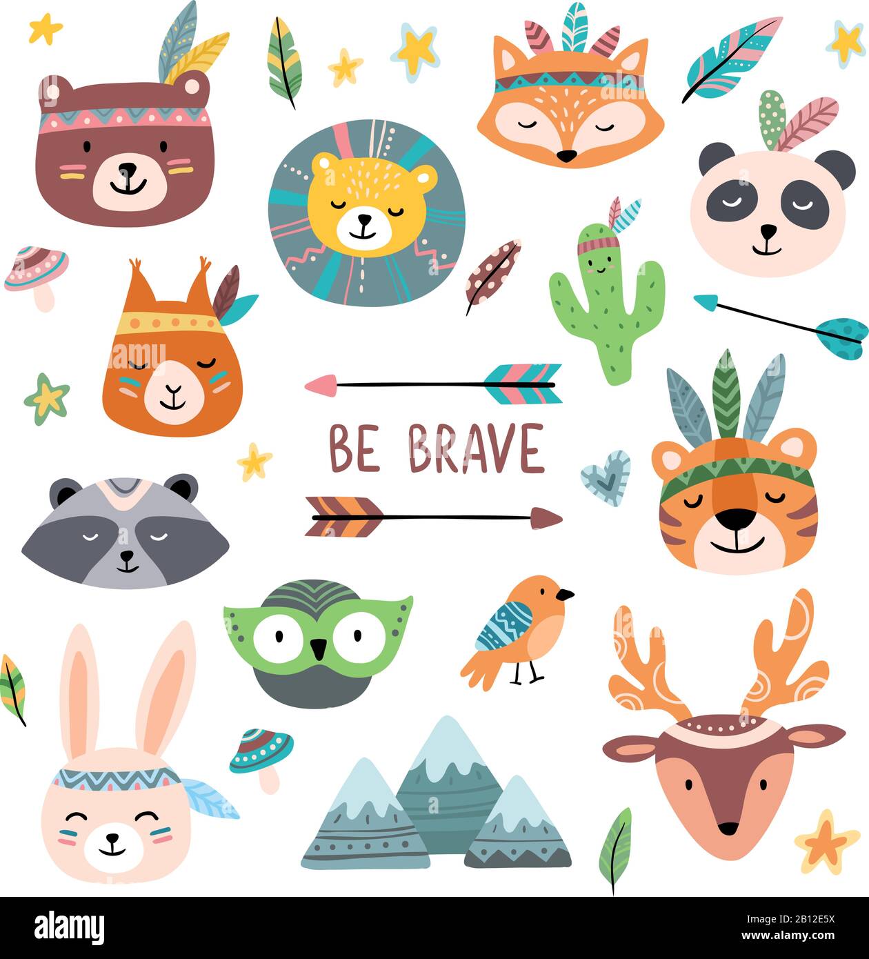 Funny tribal animals faces. Wild woodland zoo, cute animal with tribals ...