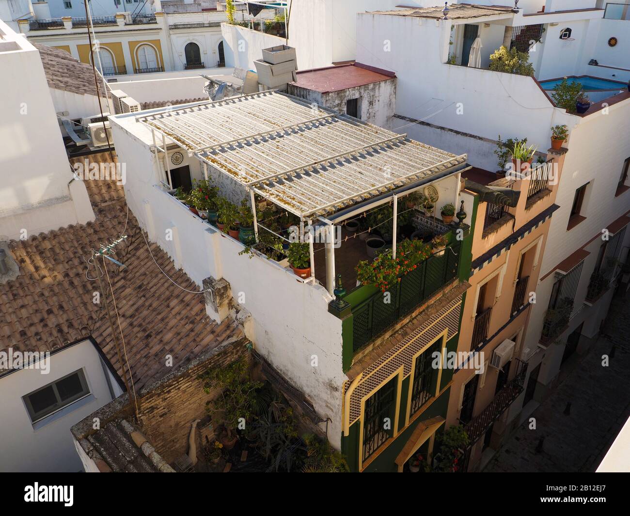 Rooftop terrace in the historic city center of Sevilla, Andalucia ...