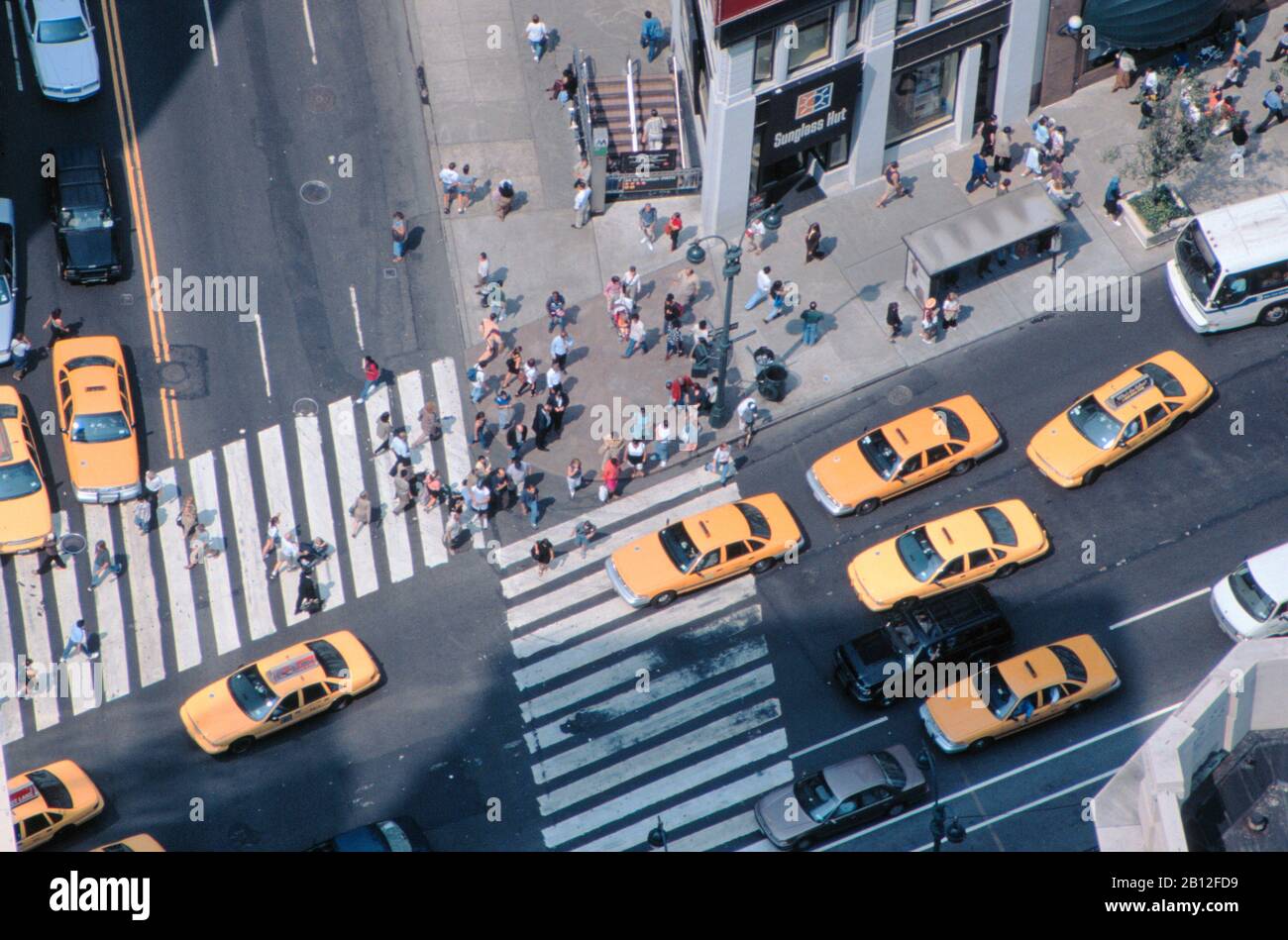 USA, New York City, yellows caba at intersection of West 71st Street ...