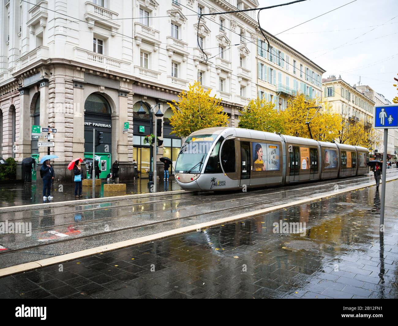 Nice, France - Nov 24, 2019: Traditional Nice tramway on a rainy day ...
