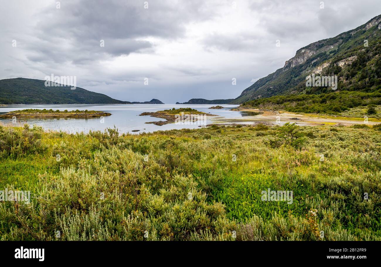 Beautiful scenery around Lago Roco lake and Rio Lapataia river in ...
