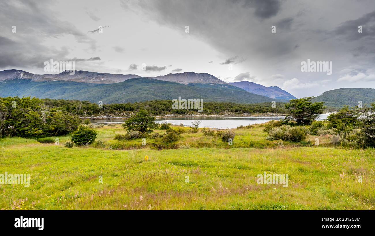 Beautiful scenery around Lago Roco lake and Rio Lapataia river in ...
