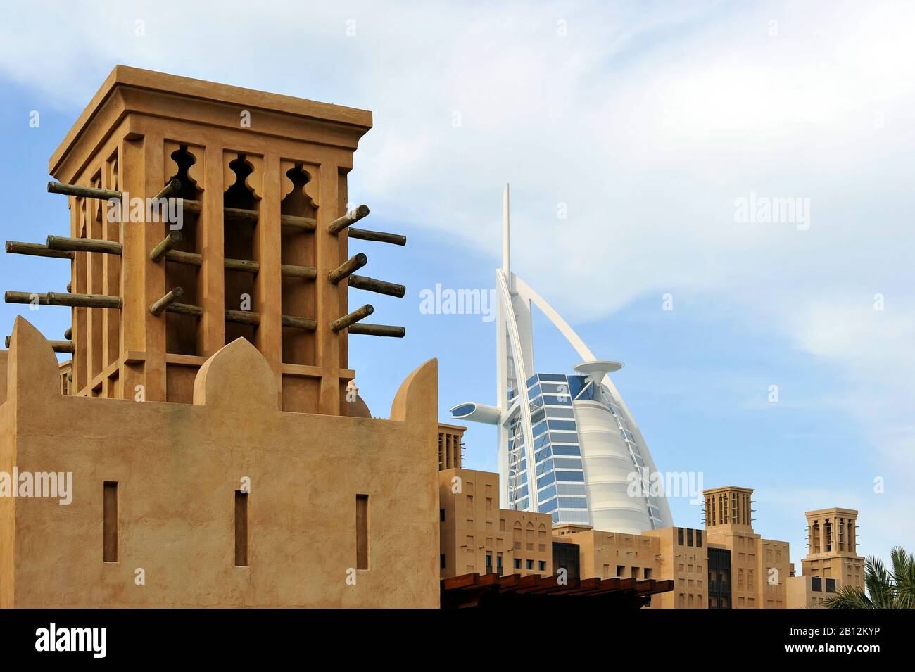 Top of the BURJ AL ARAB,7-star hotel,Behind wind towers of the Souk ...
