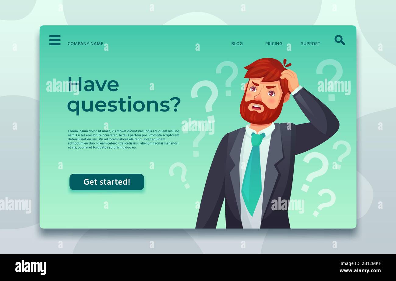 Online support landing page. Have questions web page, male asking ...