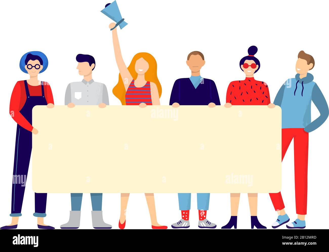 Protesting people group. Activists hold sign board or placard, team ...