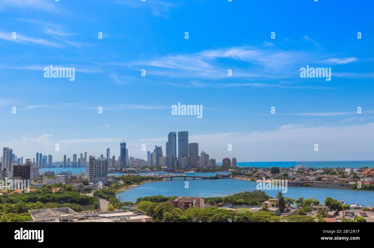 Colombia, scenic view of Cartagena cityscape, modern skyline, hotels ...