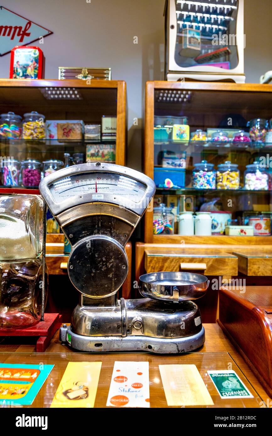 Old-fashioned scale at Szamos Chocolate Museum in Budapest, Hungary ...