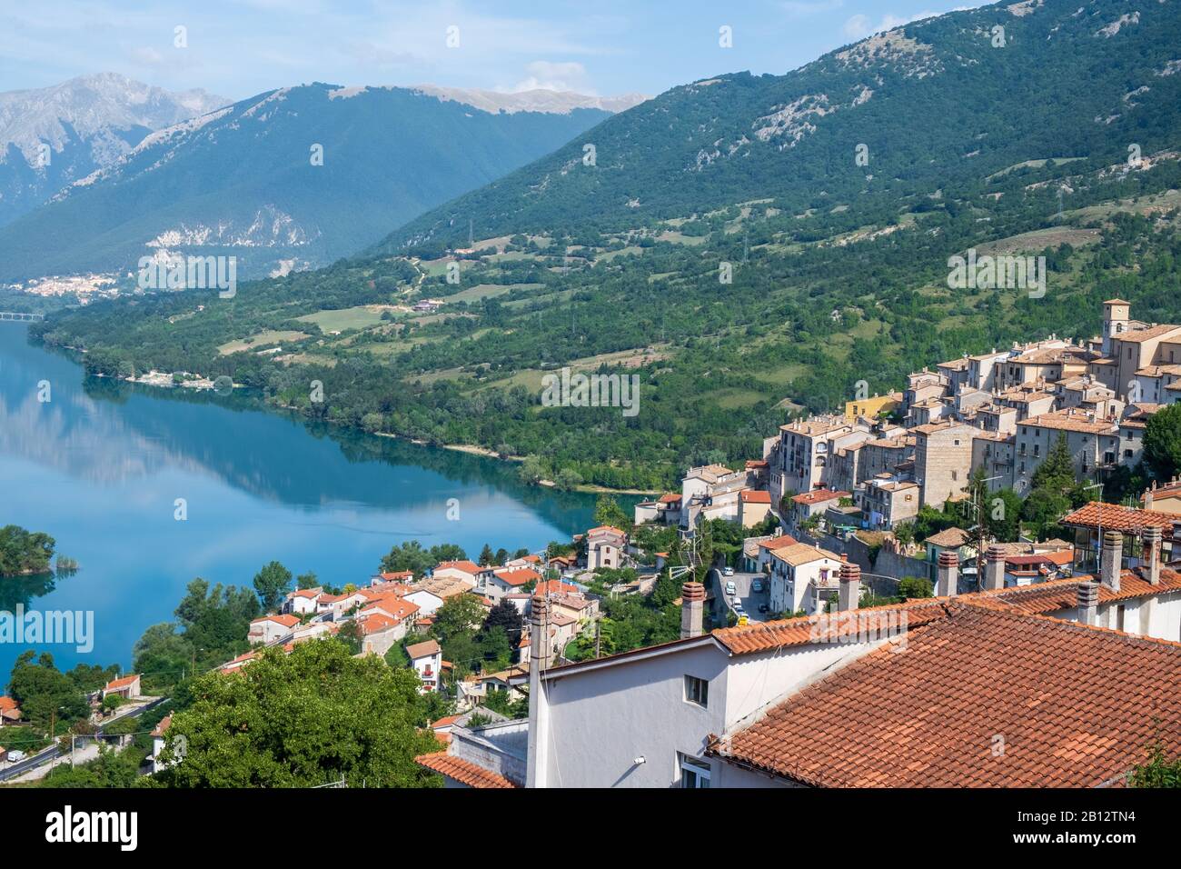 Barrea lake, landscape, little town into National park of Abruzzo ...