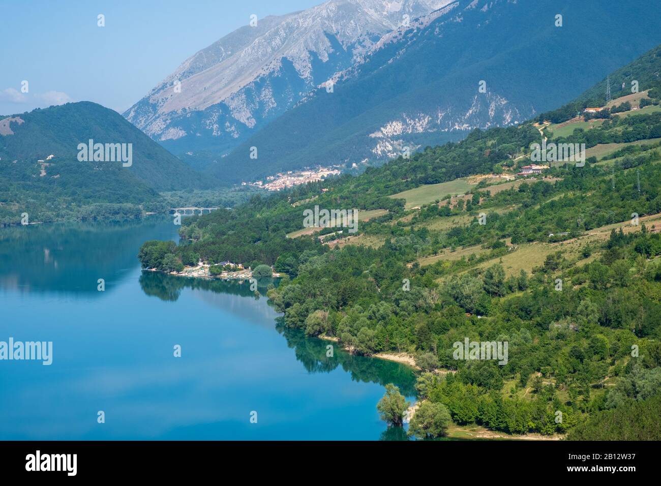 Barrea lake, landscape, little town into National park of Abruzzo ...