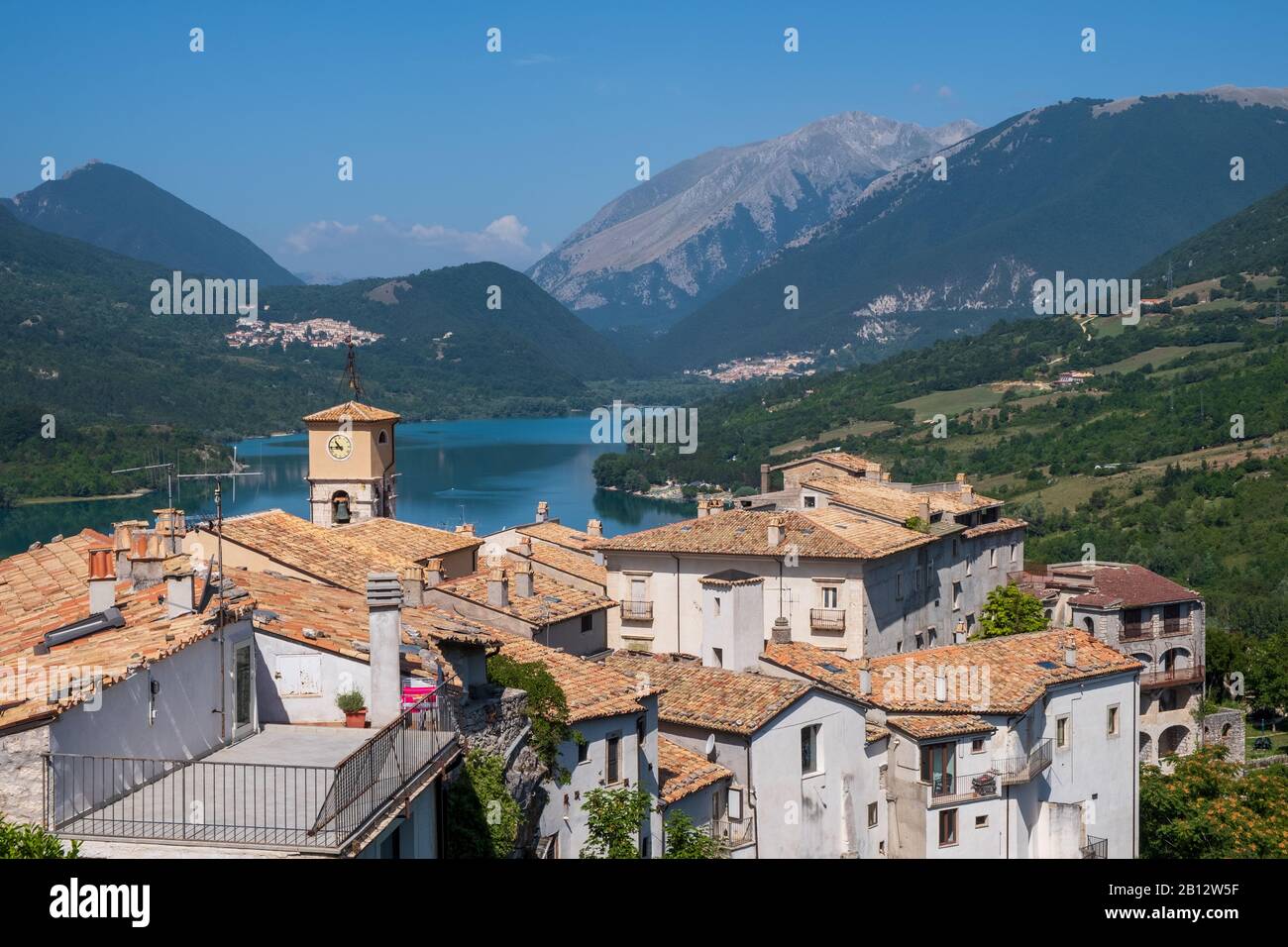 Barrea lake, landscape, little town into National park of Abruzzo ...