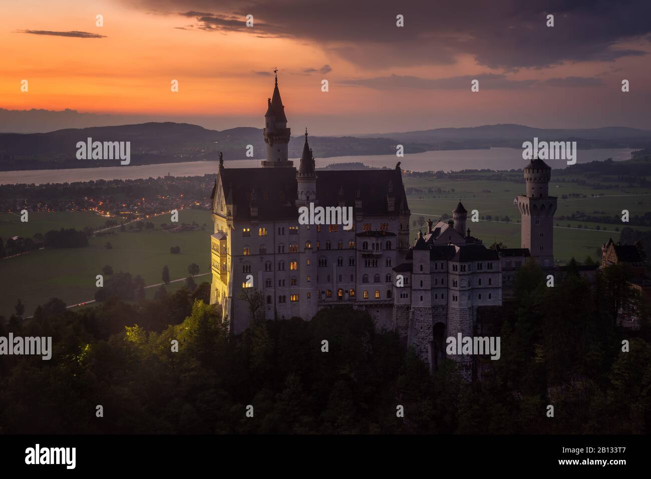 Neuschwanstein Castle in Bavaria in sunset light, Germany Stock Photo ...