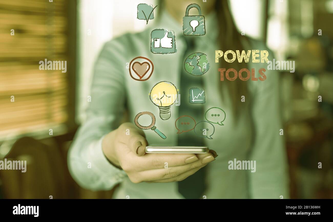 Writing note showing Power Tools. Business concept for tool that is ...