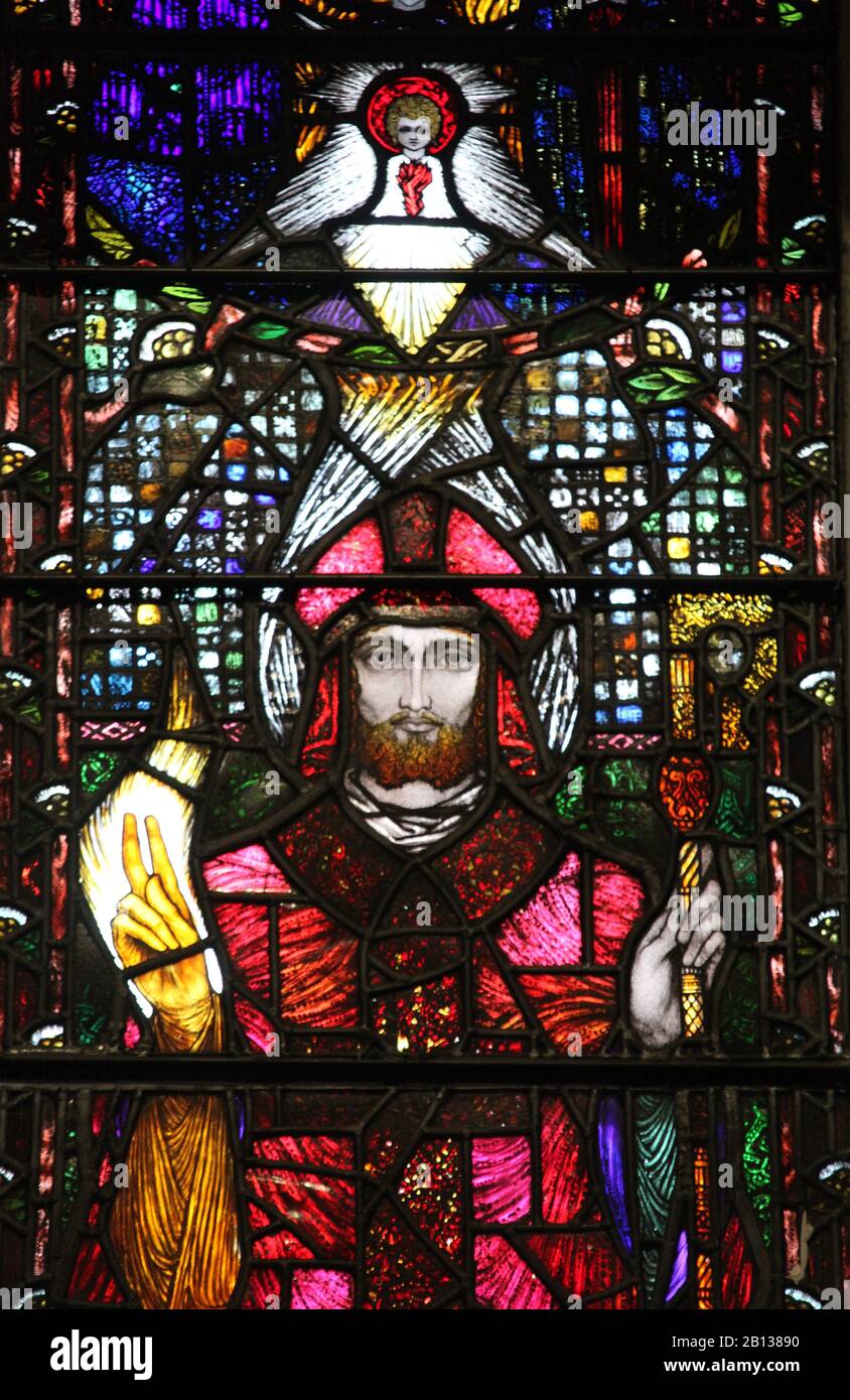 Stained glass window in the Honan Chapel depicting Saint Finbarr Stock ...