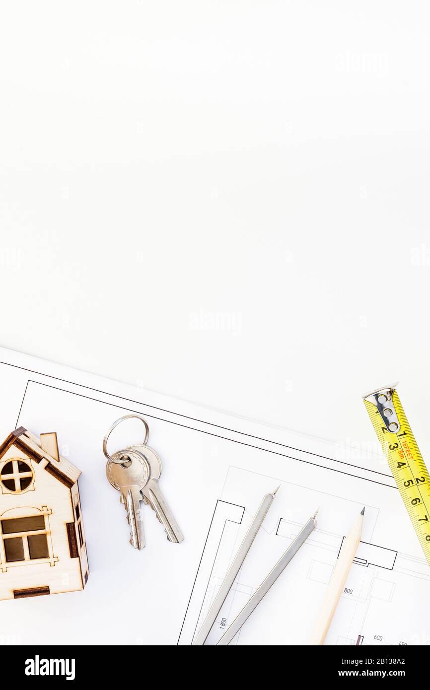 Creative flat lay overhead top view blueprint flat project plan and ...