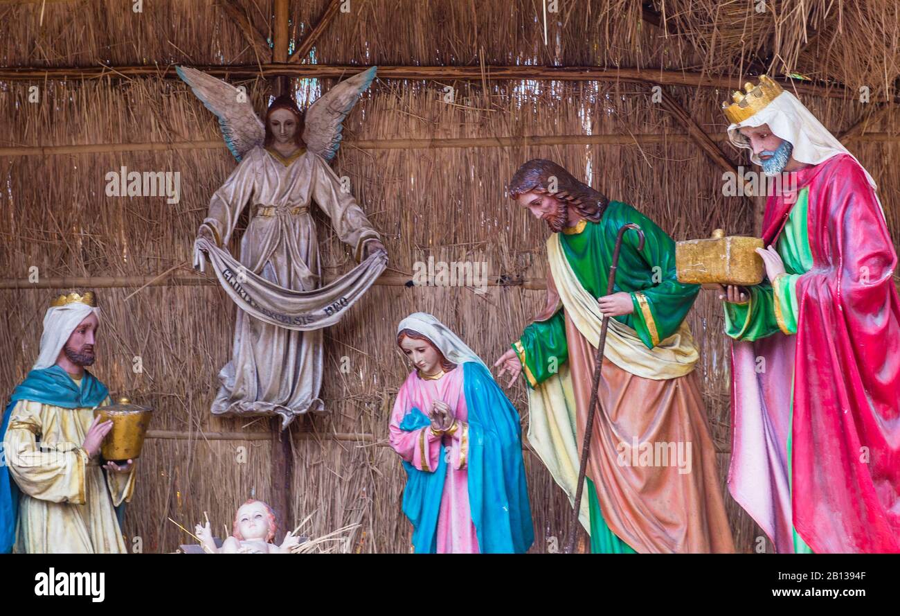 Outdoor nativity scene of life-sized figurines instalation in Macau ...