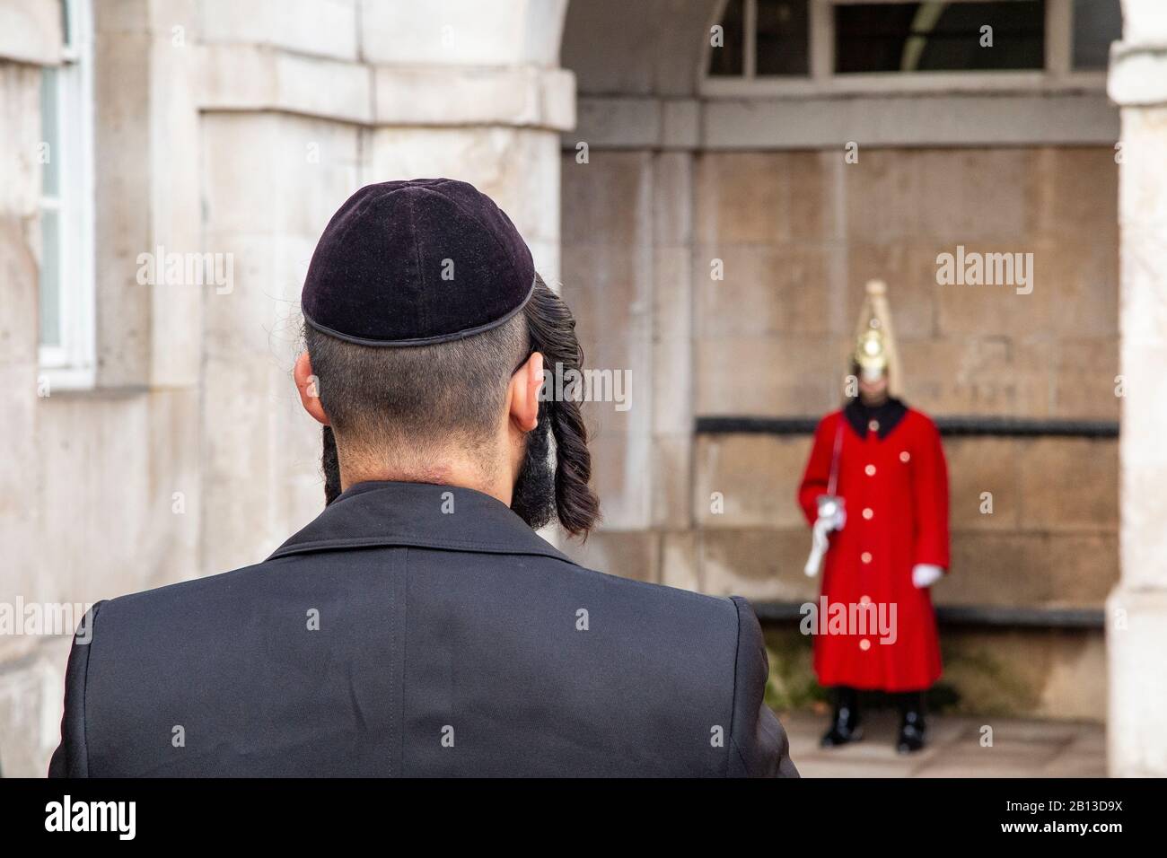 A hasidic jew admires a guard on parade in Horseguard's Parade Stock ...