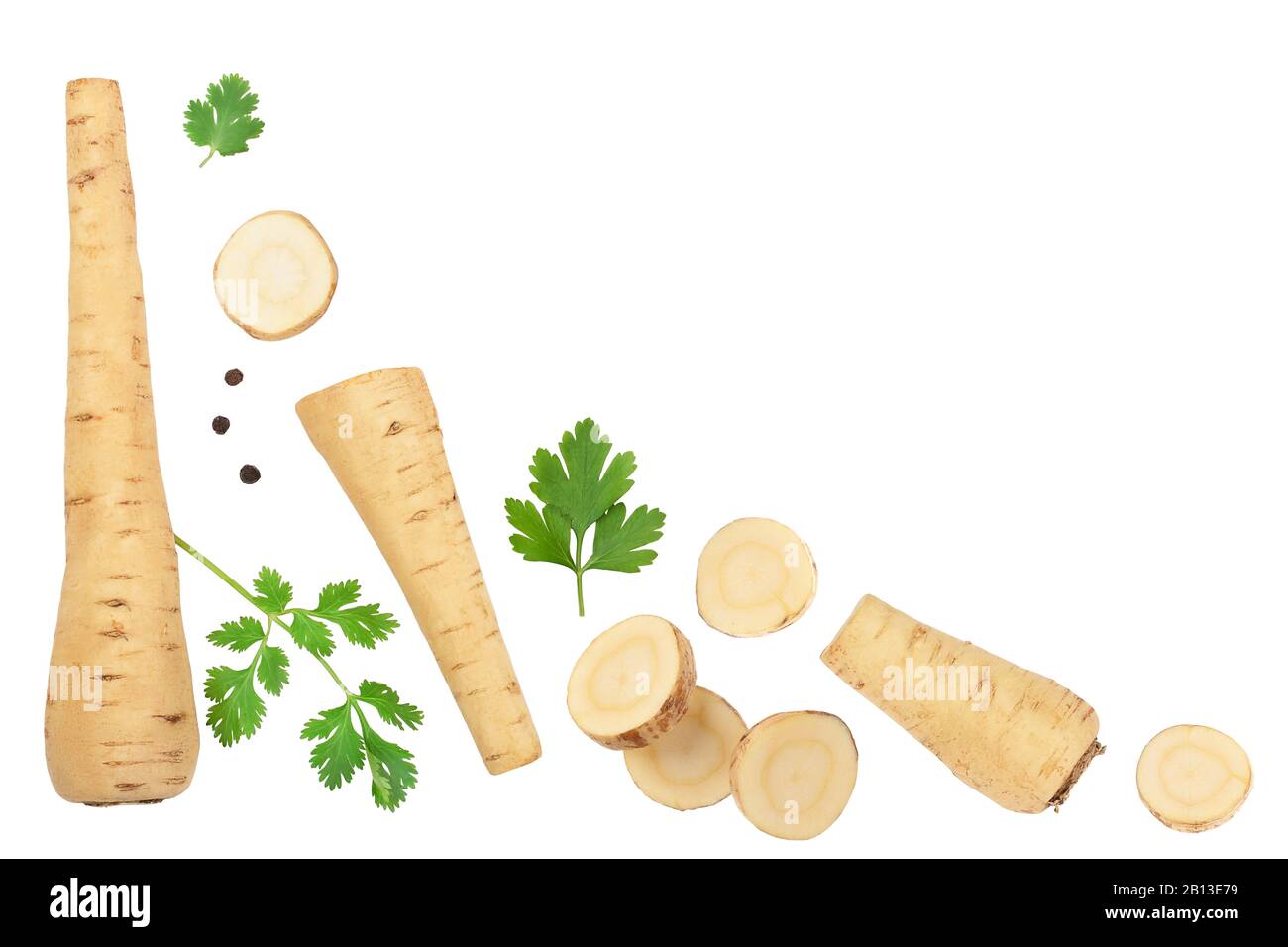 Parsnip root and slices with parsley peppercorns isolated on white ...